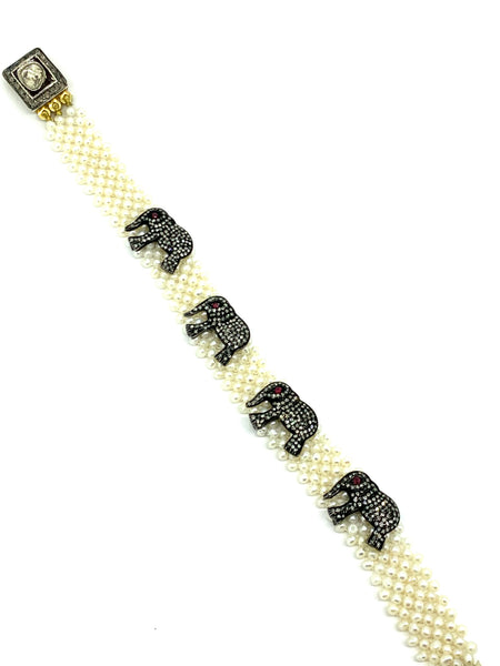 Diamond Elephant Bracelet on natural pearls - Arthur Marder Fine Jewelry
